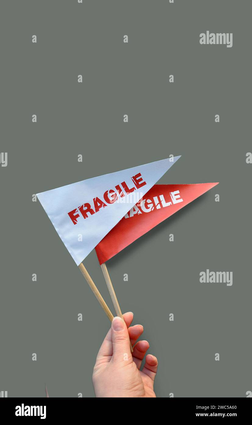 Small paper flags in hand with the warning 'Fragile' as a label. The ...