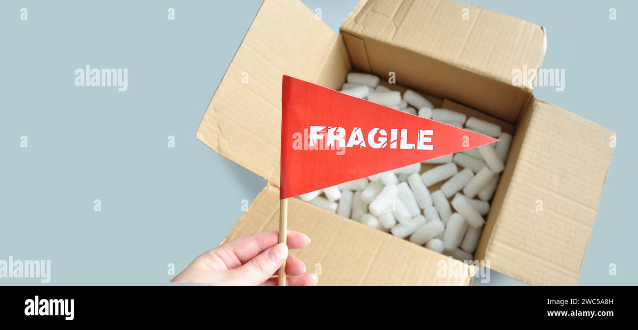 Opened cardboard packaging box with white polystyrene packaging chips ...