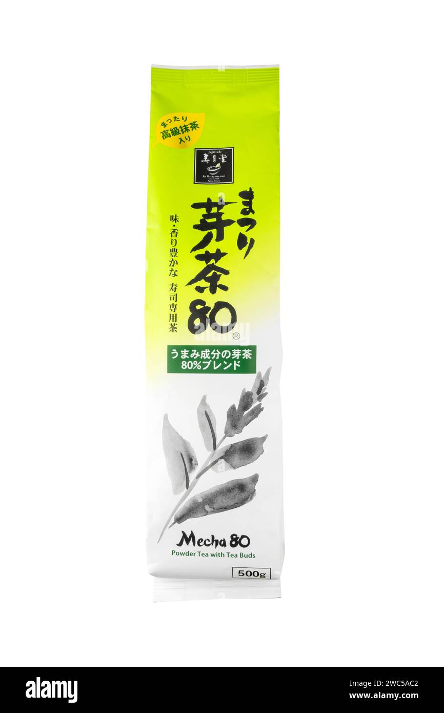 Japanese powder green tea package isolated on white background, closeup ...