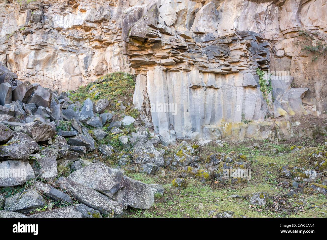 vertical lava columns, old lava flow, basalt column, hexagonal shape ...