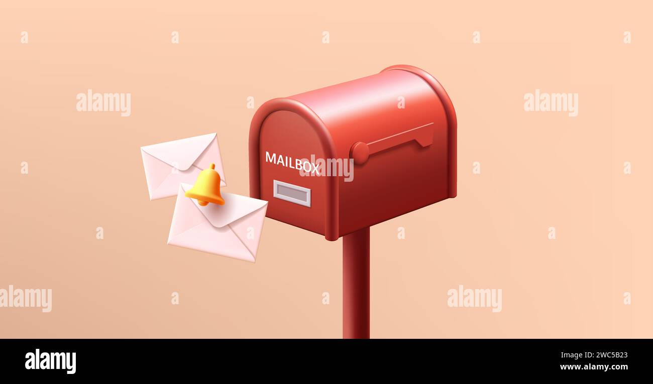 Vintage red mailboxes with envelopes and bell notification icon, post ...