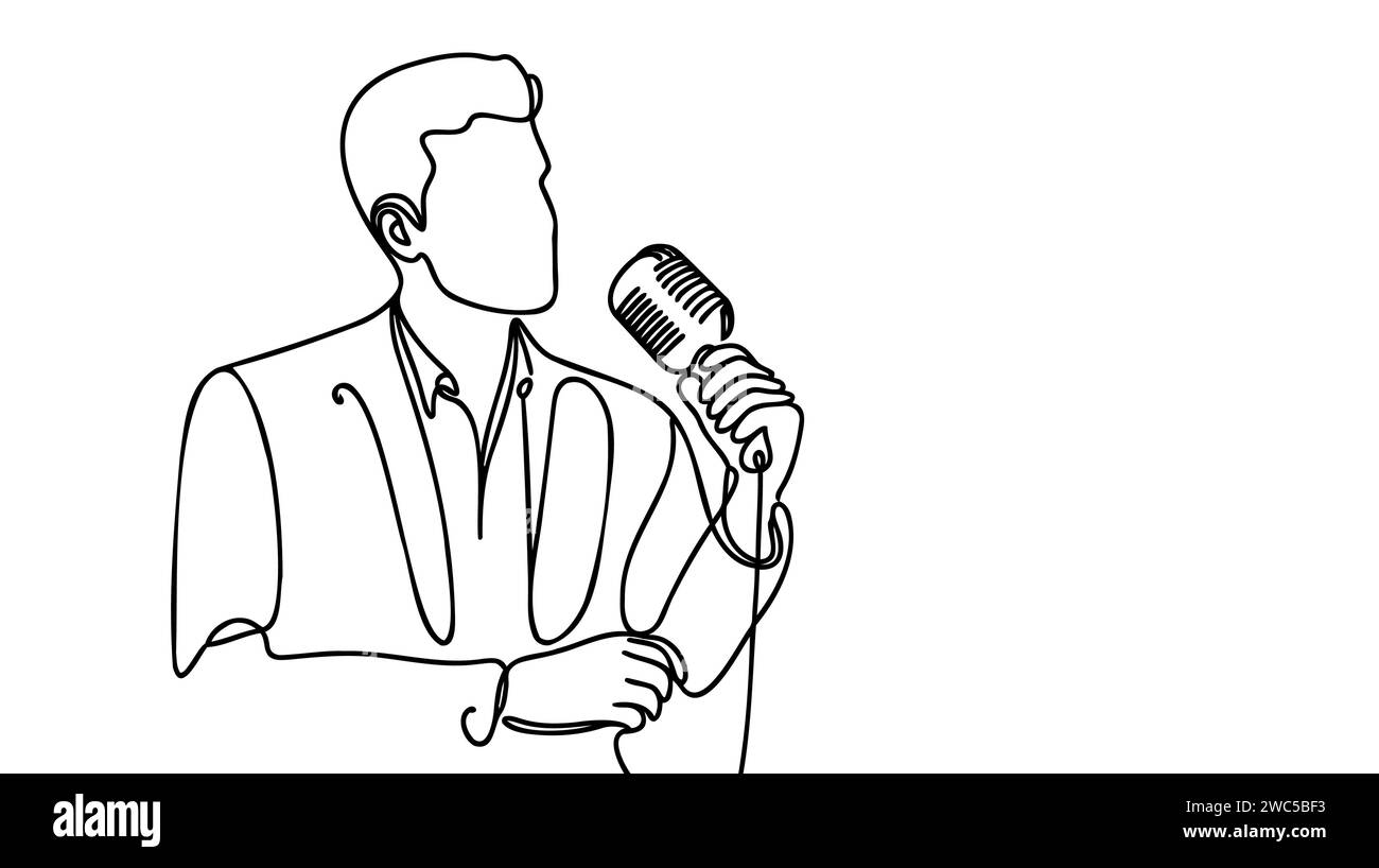 Young man singing in a retro microphone. Continuous one line drawing ...
