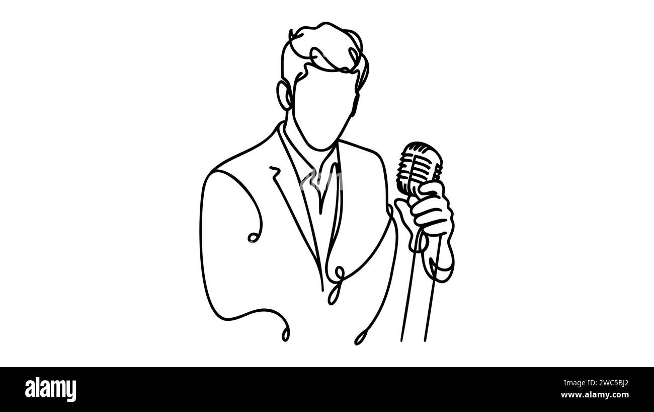 Young man singing in a retro microphone. Continuous one line drawing ...