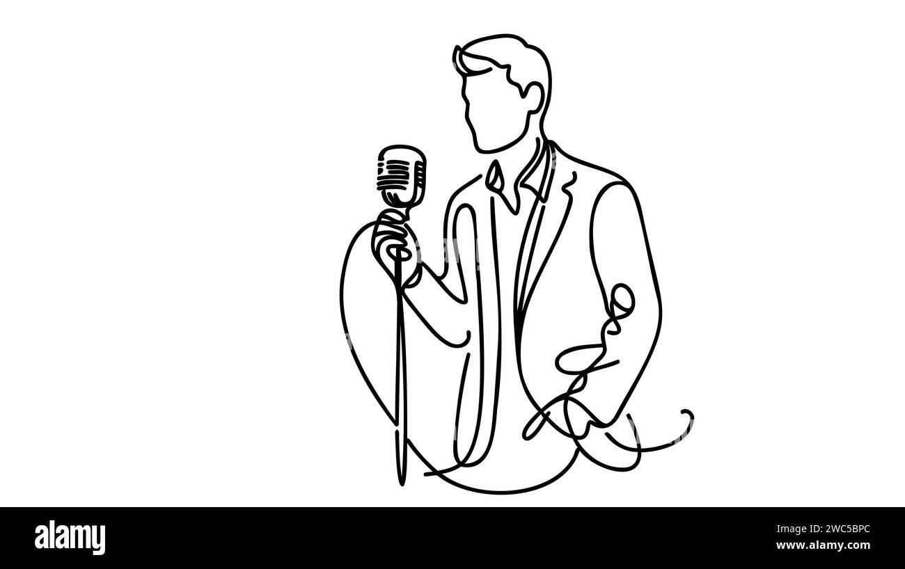 Young man singing in a retro microphone. Continuous one line drawing ...
