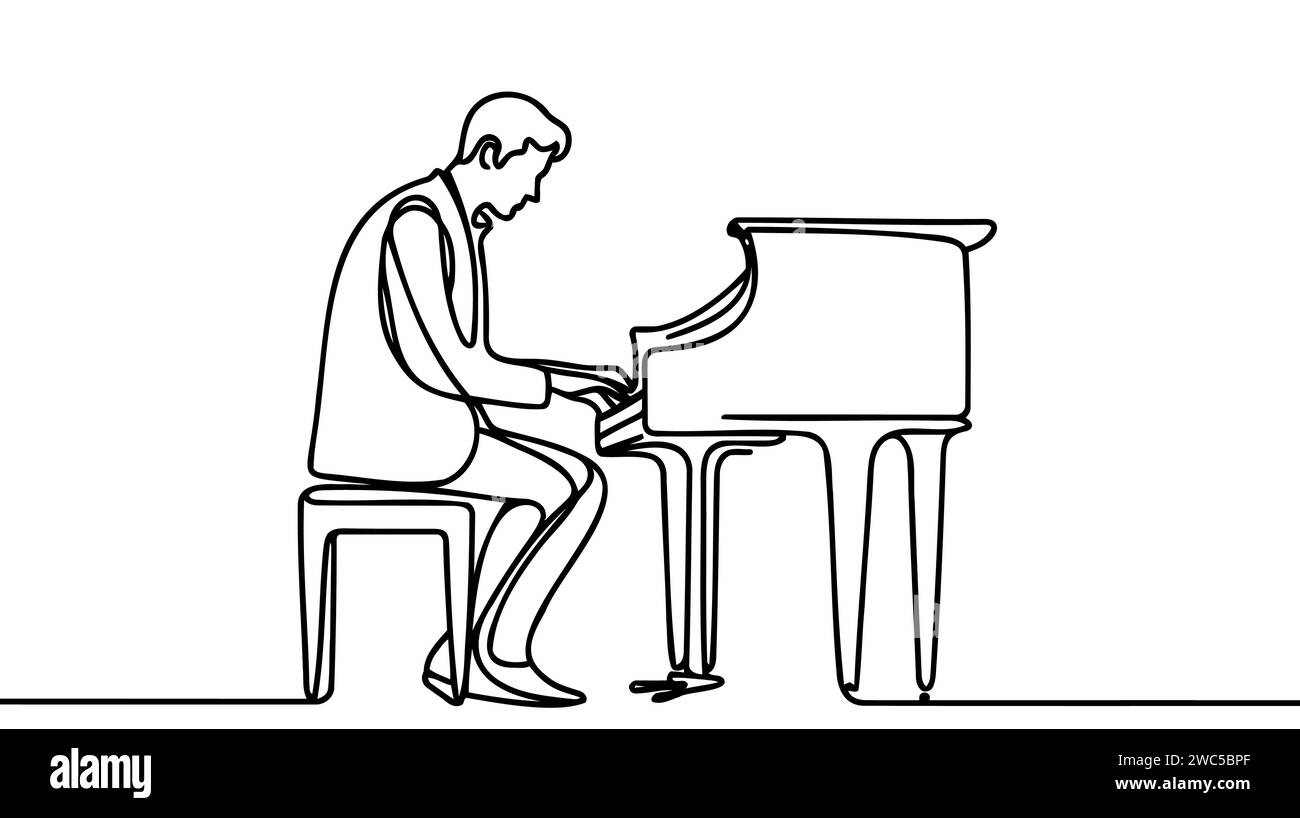 One continuous line drawing of young happy male pianist playing classic ...