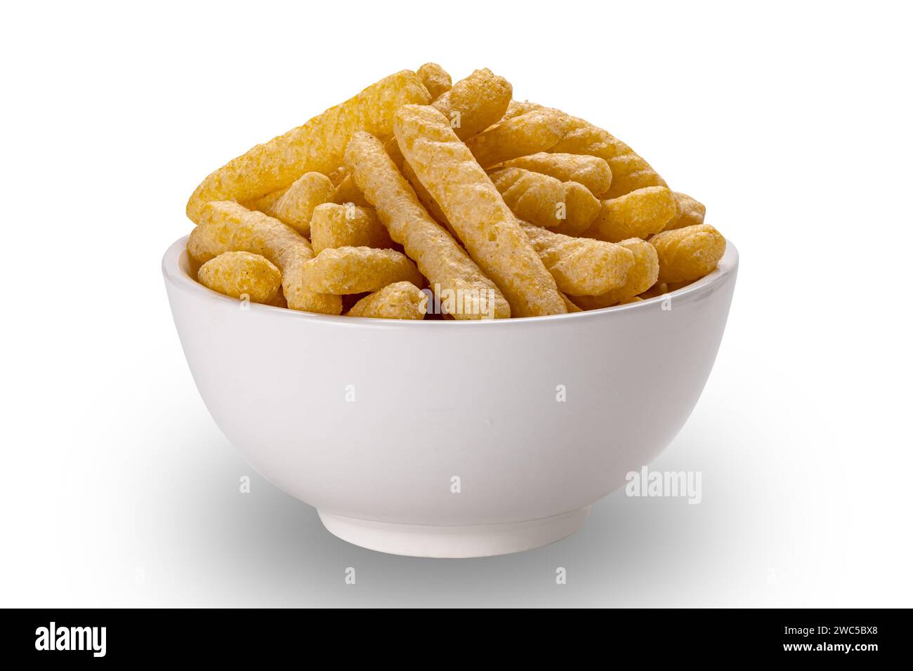 View of prawn cracker sticks in white ceramic bowl isolated on white ...