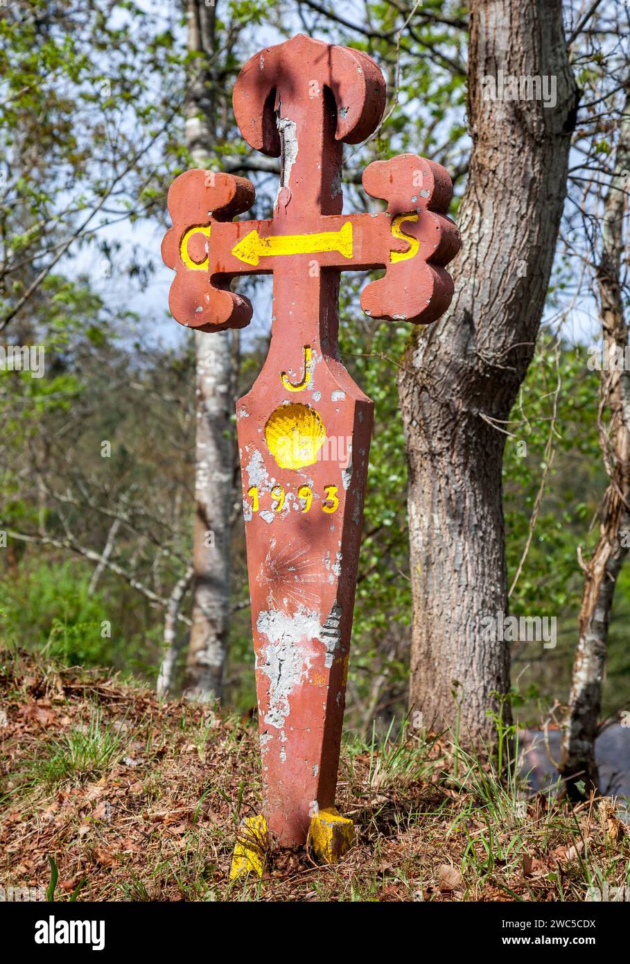 Road sign of Camino de Santiago, pilgrimage route to the Cathedral of ...