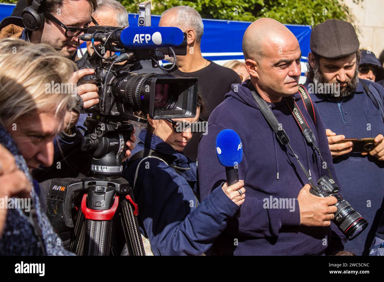 Tel Aviv, Israel - January 13, 2024 Journalists and media interview the ...