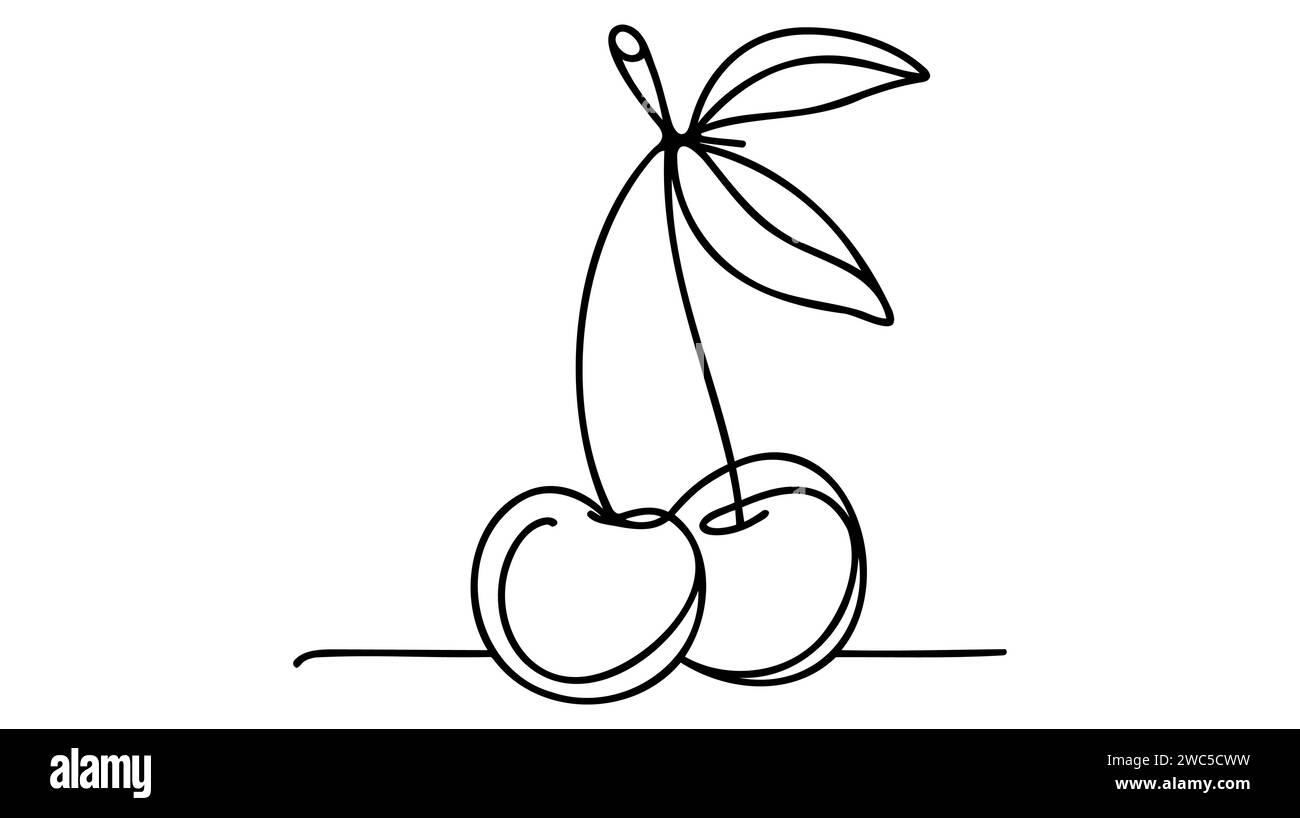 One single line drawing of whole healthy organic cherries for orchard ...