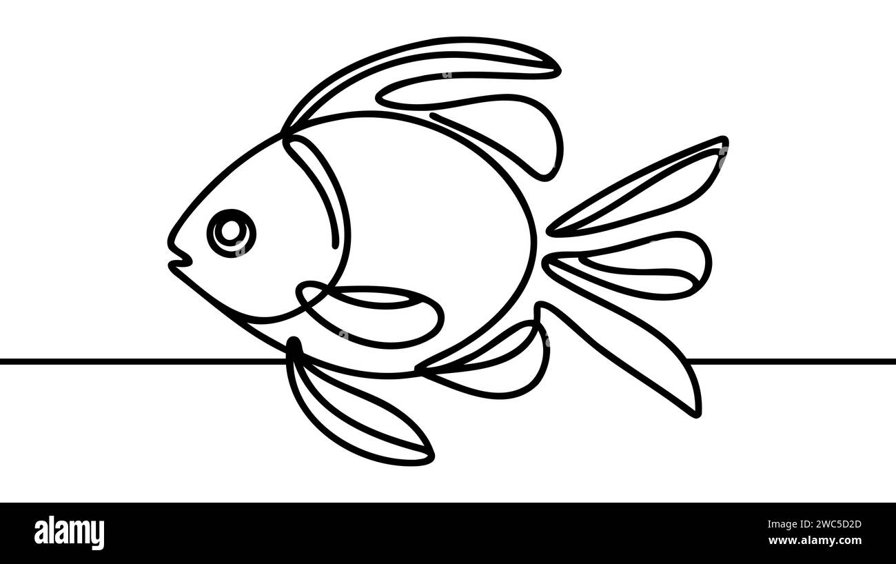 Fish in continuous line art drawing style. Minimalist black linear ...