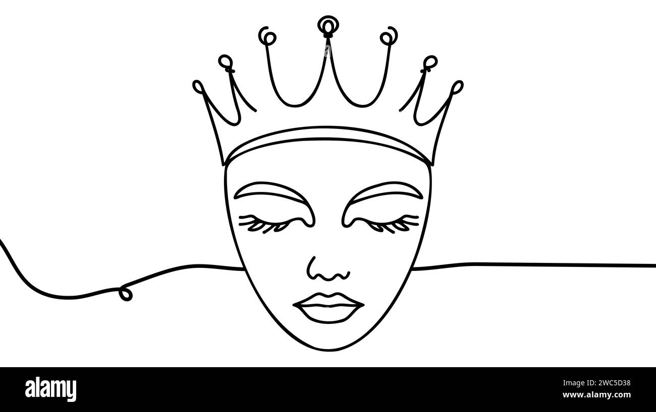 The face of woman wearing a crown continuous line drawing. Beauty and ...