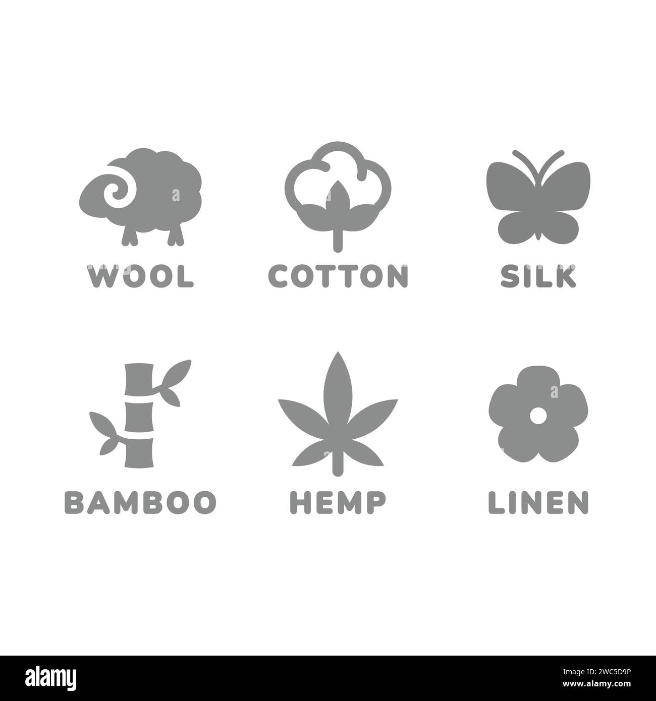 Natural fabric and fiber vector icon set. Wool, cotton, hemp and bamboo ...