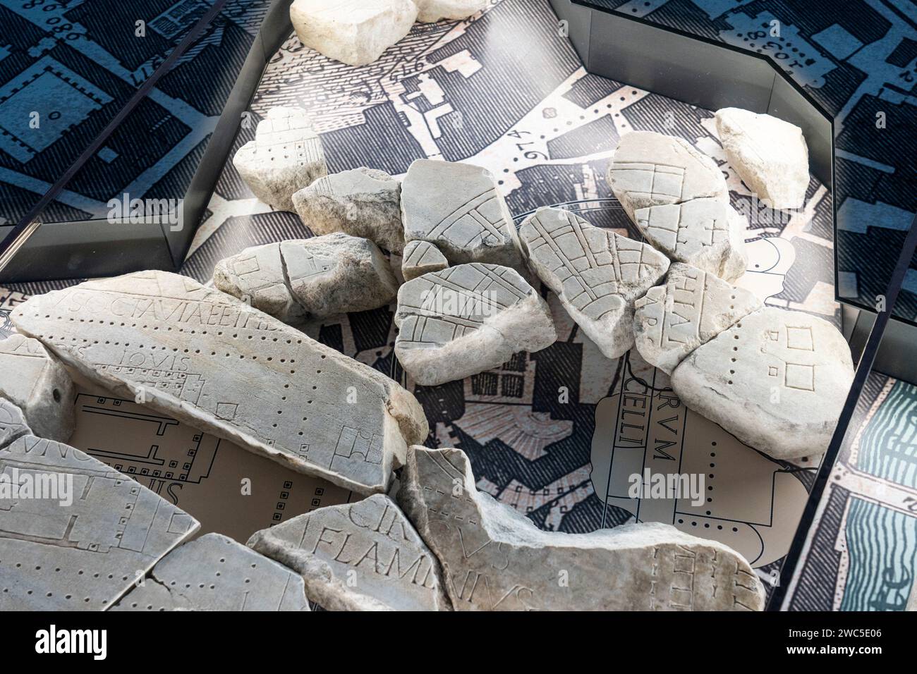 Rome, Italy. 11th Jan, 2024. View of details of the original marble map ...
