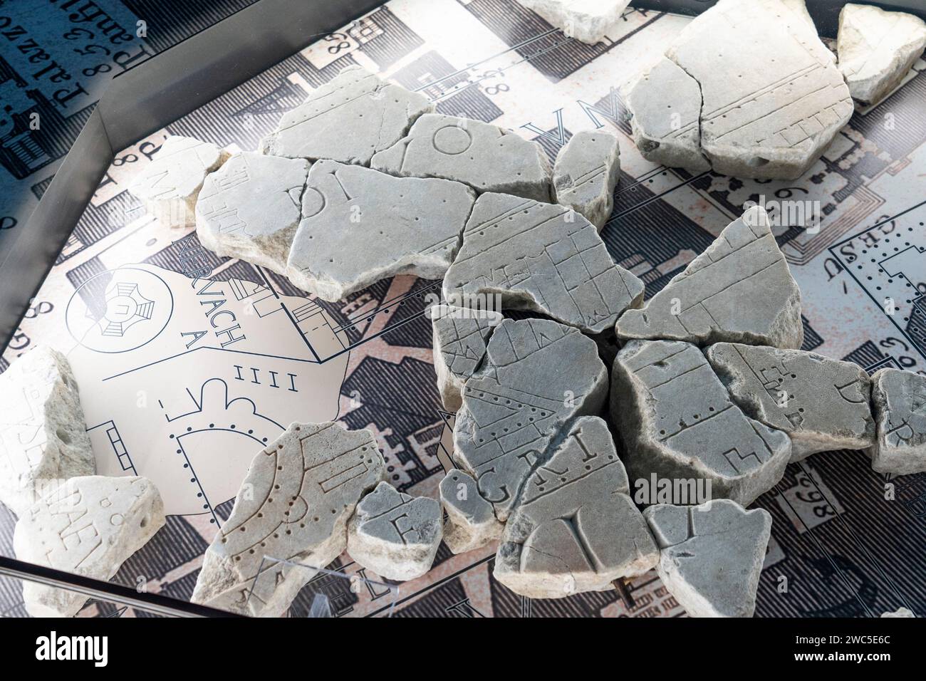 Rome, Italy. 11th Jan, 2024. View of details of the original marble map ...