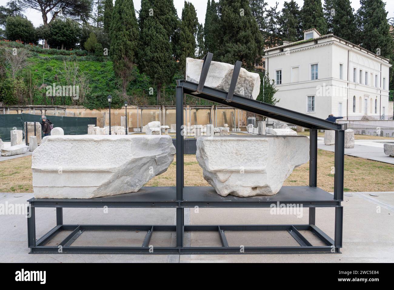 Carved marble blocks from the Ancient Rome are lined up during the ...