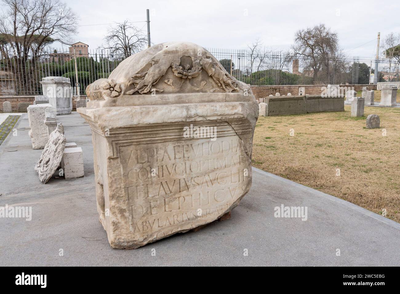 Carved marble blocks from the Ancient Rome are lined up during the ...