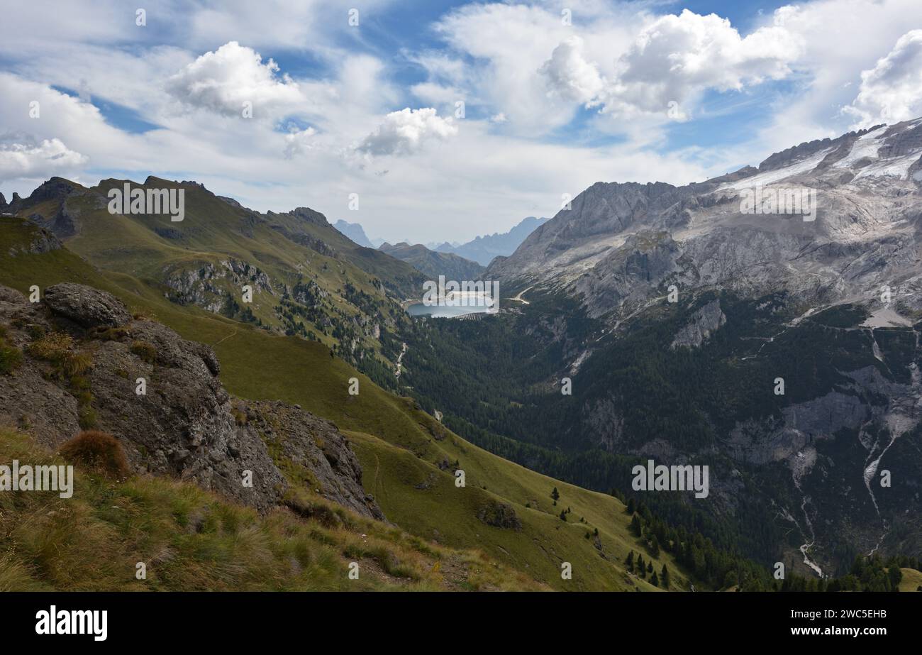 Hiking in the Col Rodella range of the Dolomite Mountains, Italy Stock ...