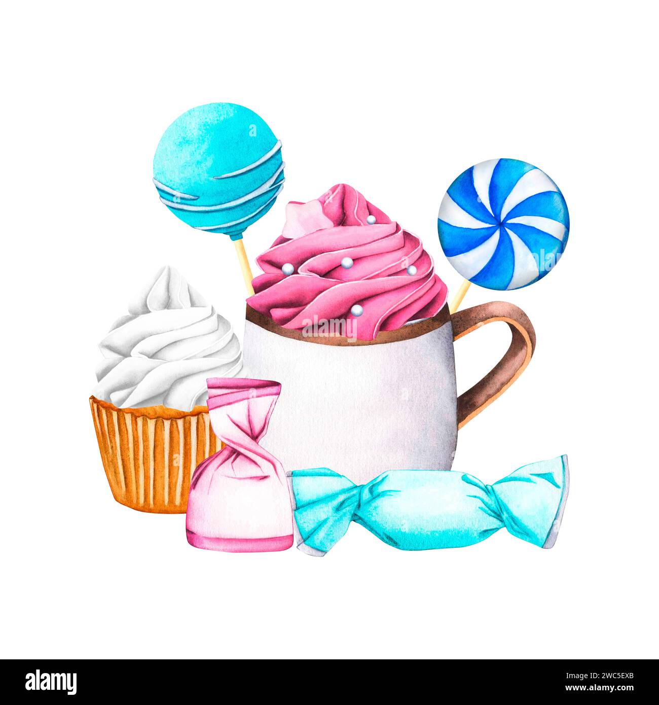 Cup with sweets pink berry cream. Watercolor illustration candies in ...