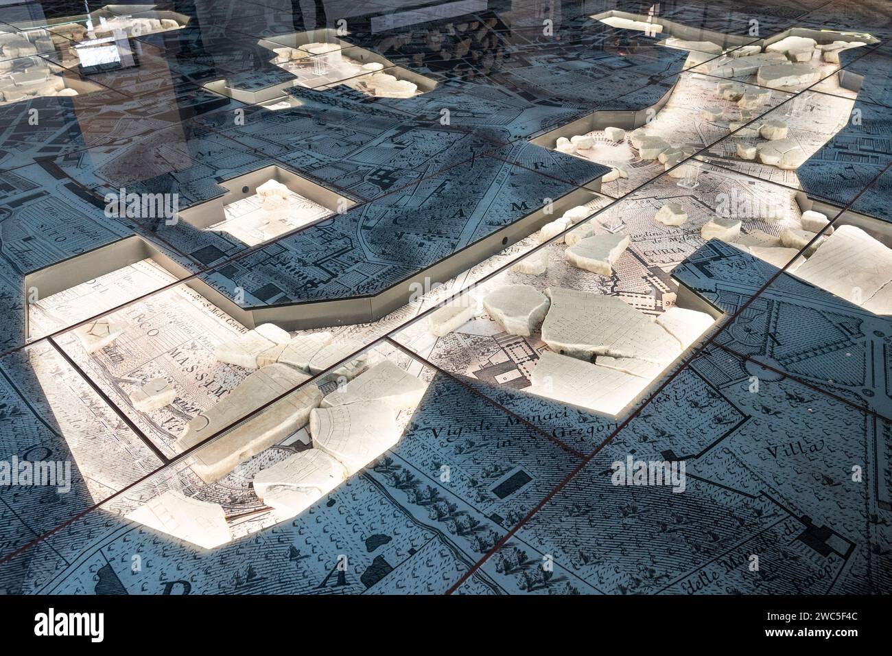January 11, 2024, Rome, Italy: View of details of the original marble ...