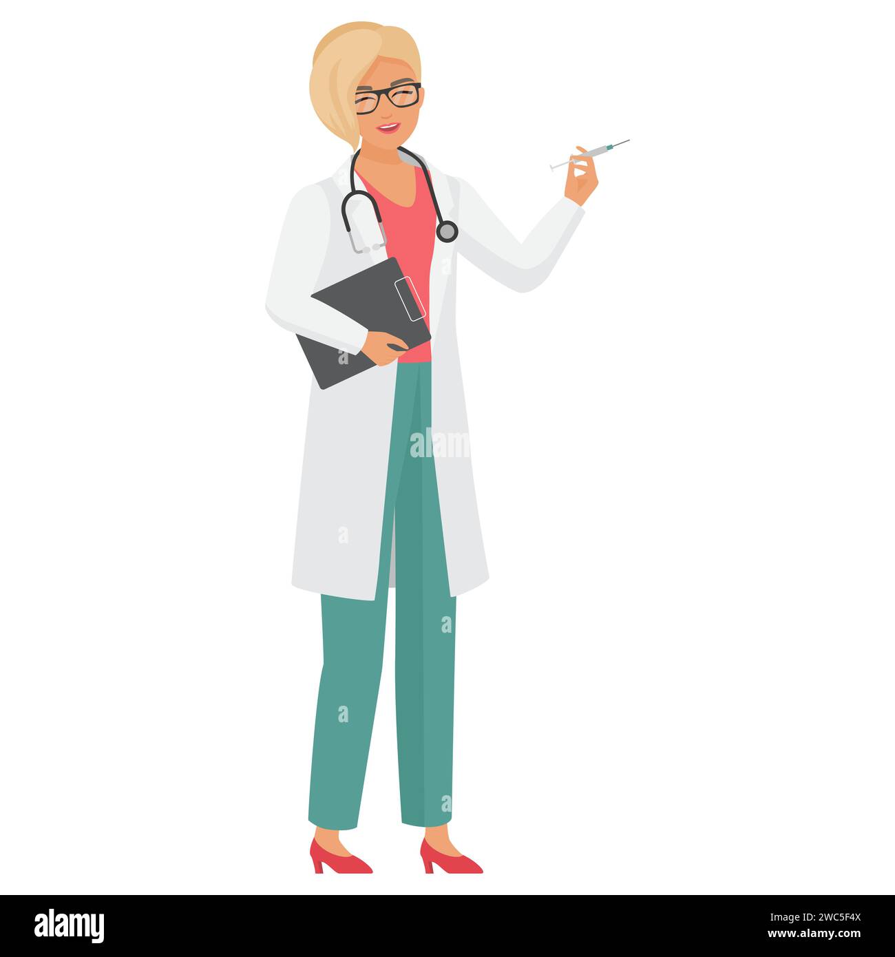 Laughing doctor woman with syringe. Hospital worker in uniform cartoon ...