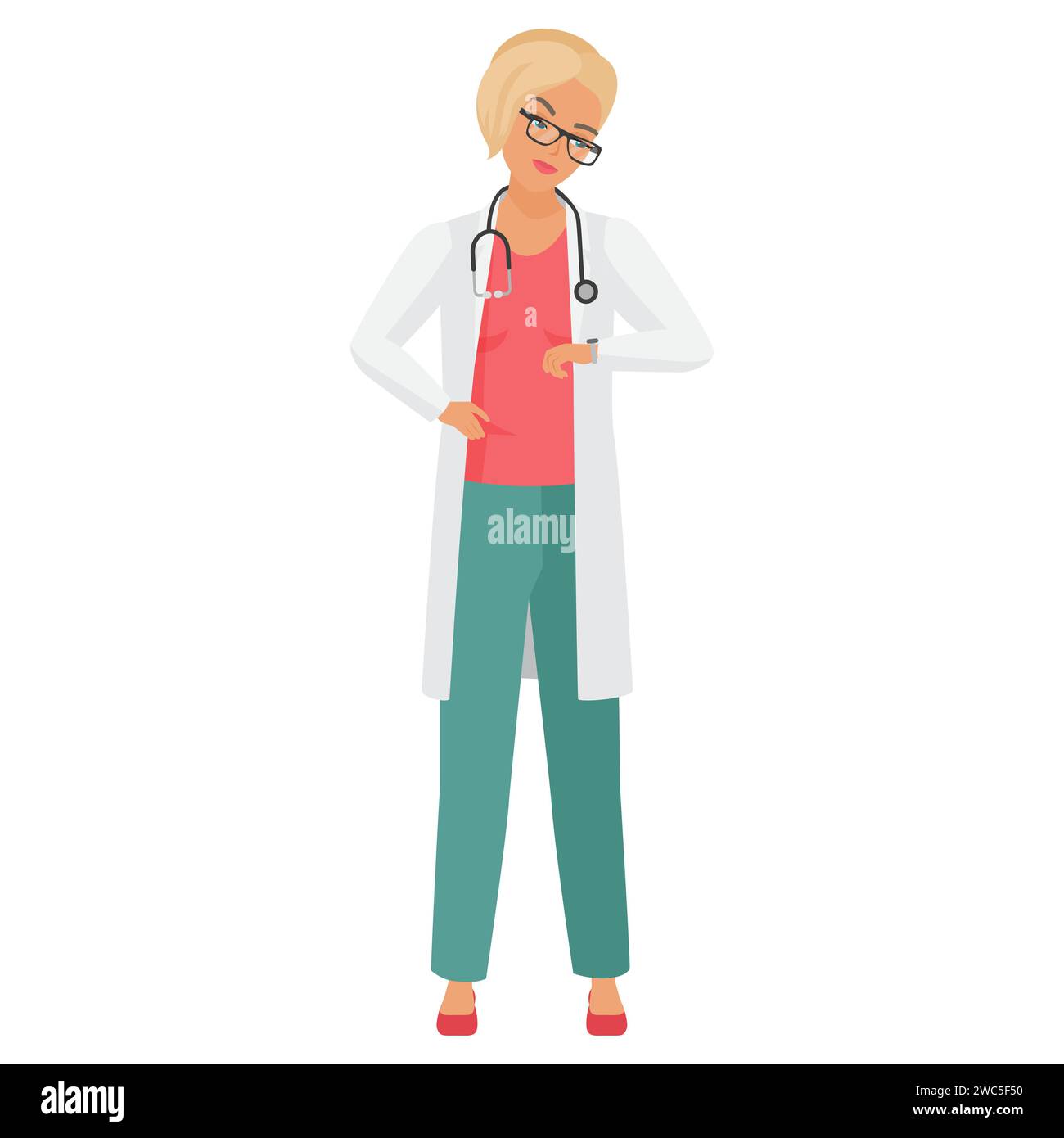 Doctor woman looking at watch. Busy hospital worker with stethoscope ...
