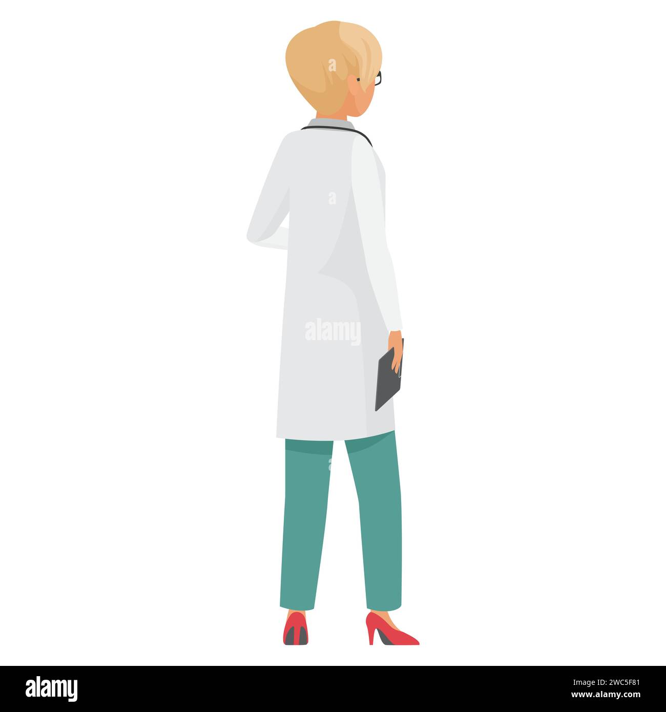 Back view of standing doctor woman. Hospital worker in white uniform ...