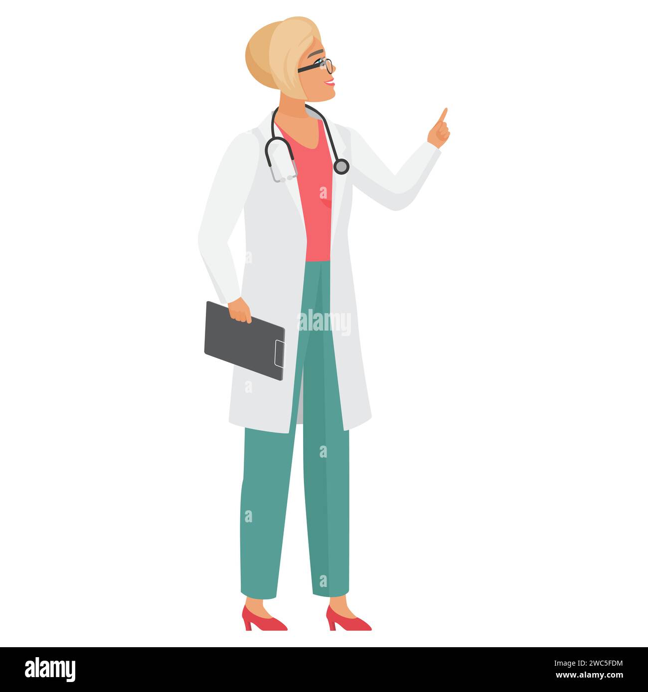 Doctor woman with pointing finger. Hospital clinical worker in white ...