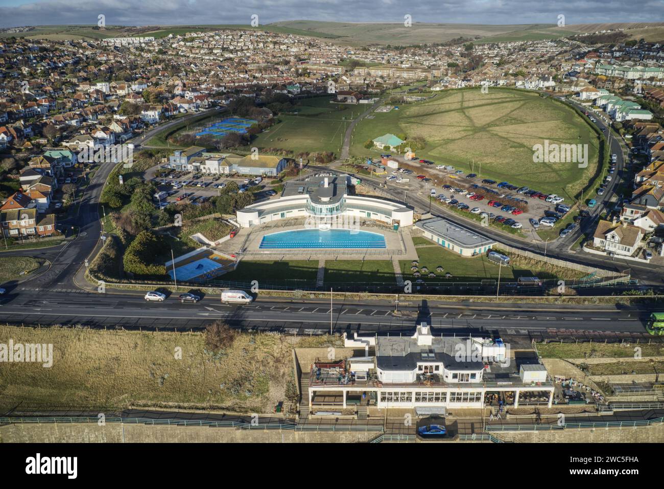 Aerial view of the Saltdean art deco Lido and the WhiteCliffs Saltdean ...