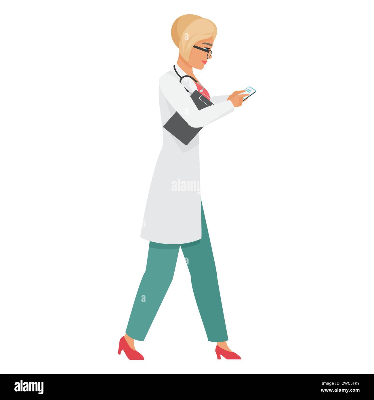Walking Doctor Woman Using Phone Hospital Worker With Smartphone Calling Cartoon Vector
