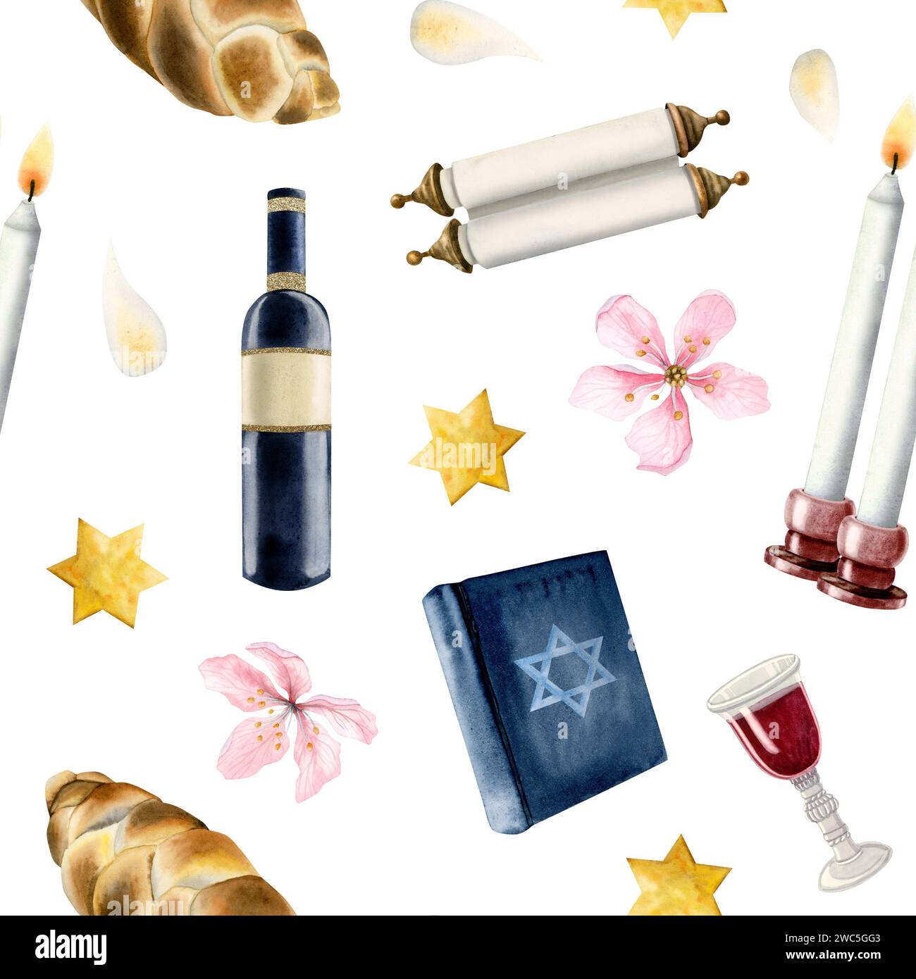 Shabbat symbols watercolor seamless pattern on white background for ...