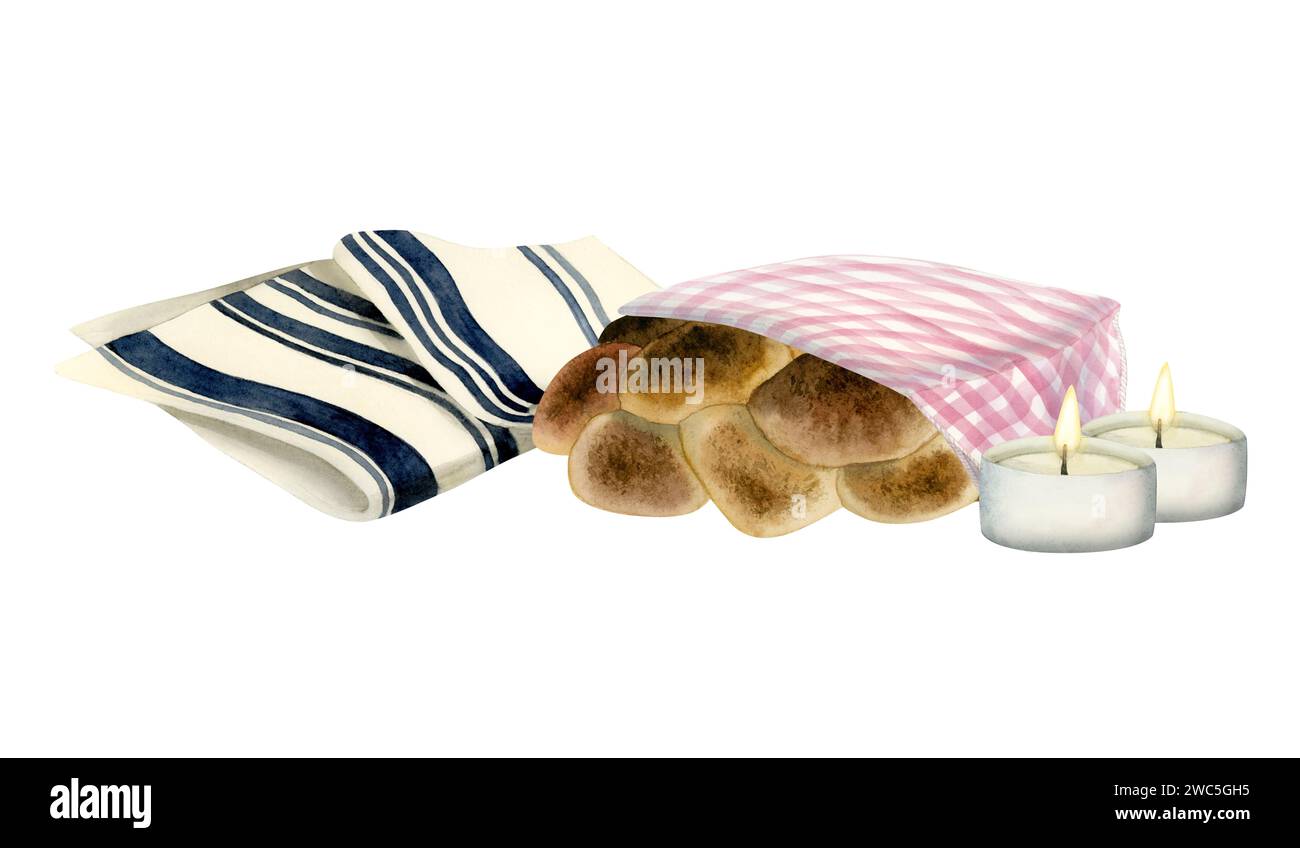 Shabbat challah covered with cloth, two candles and tallit for prayer ...