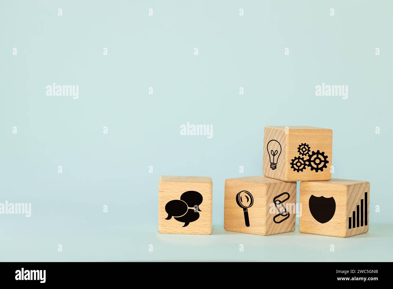 Business idea, Symbol, Conceptual icons on wooden blocks, Market ...
