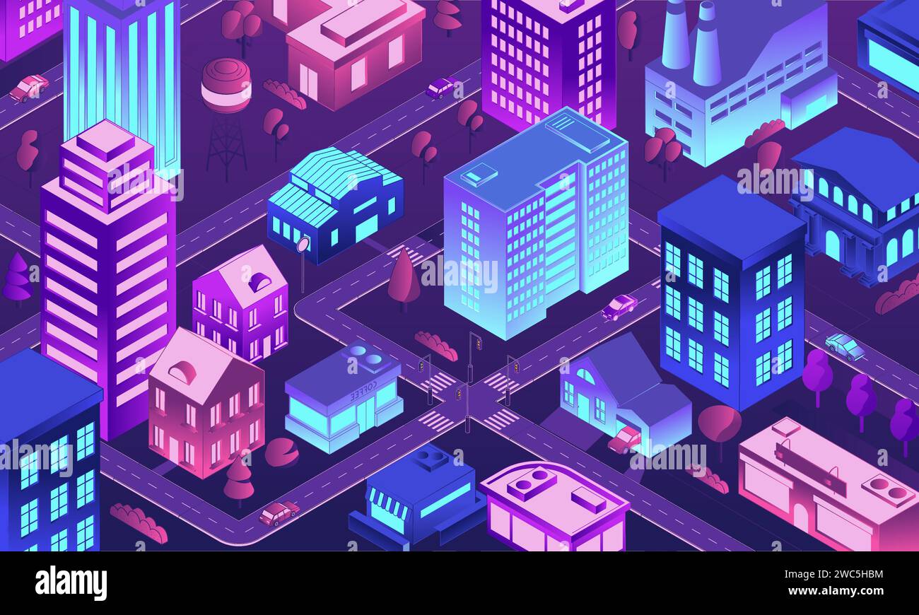 Isometric futuristic city. 3D town at night. Modern buildings with neon ...