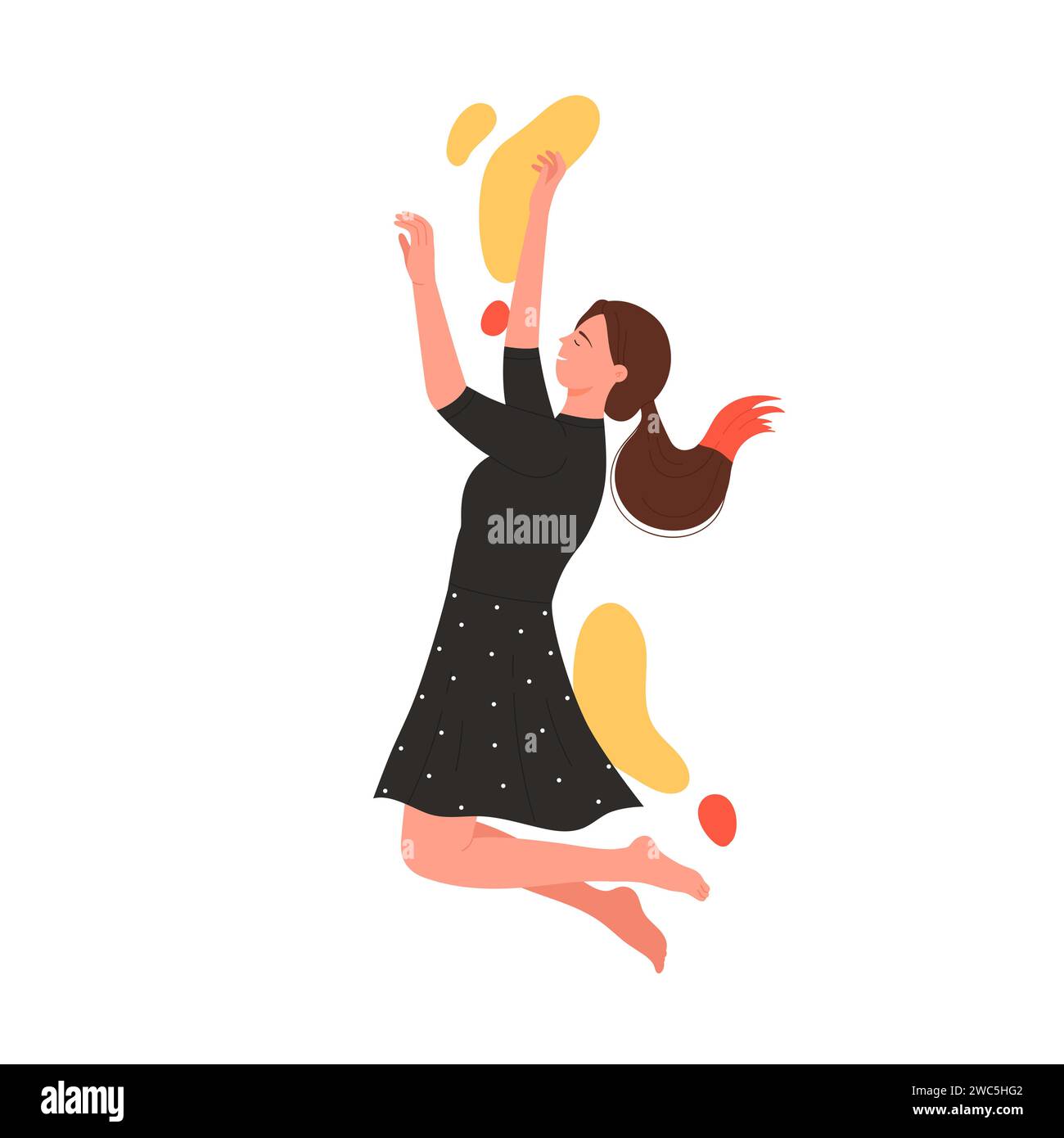 Happy woman soaring in the air. Excited girl floating in the sky ...