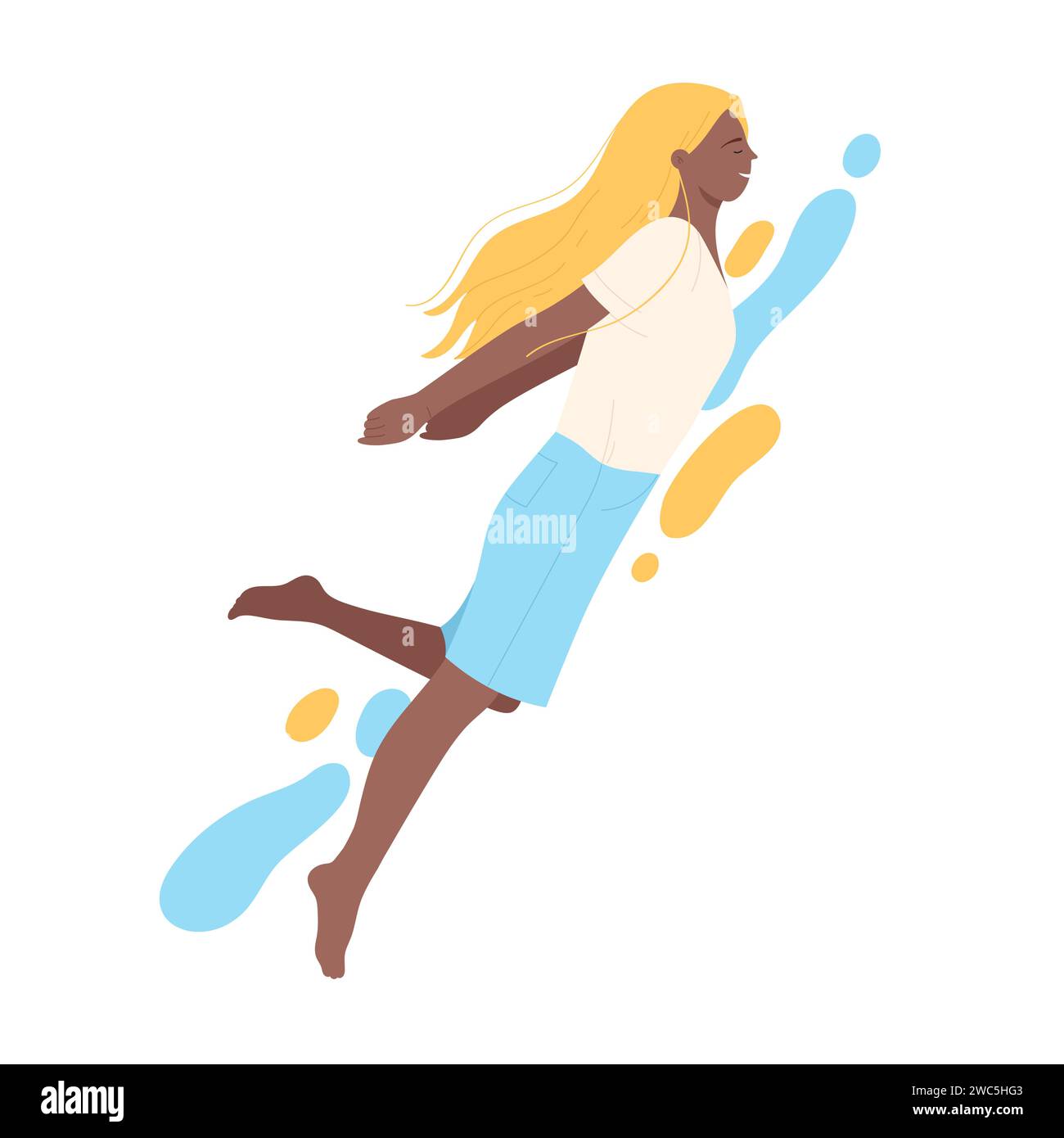 Dreaming woman soaring in the air. Feeling freedom, imaginary flight in ...