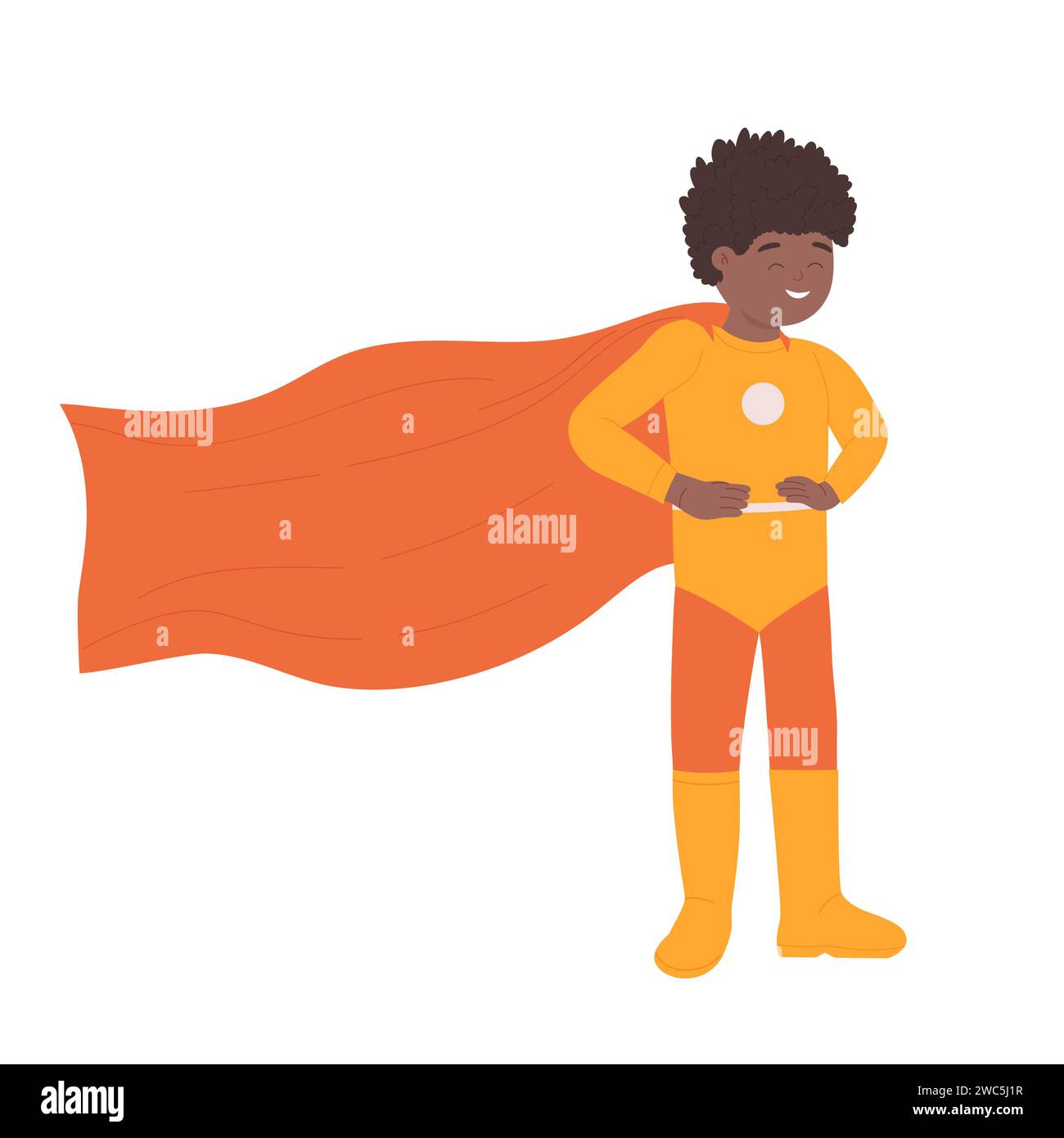African little kid in orange superhero costume. Kids carnival ...