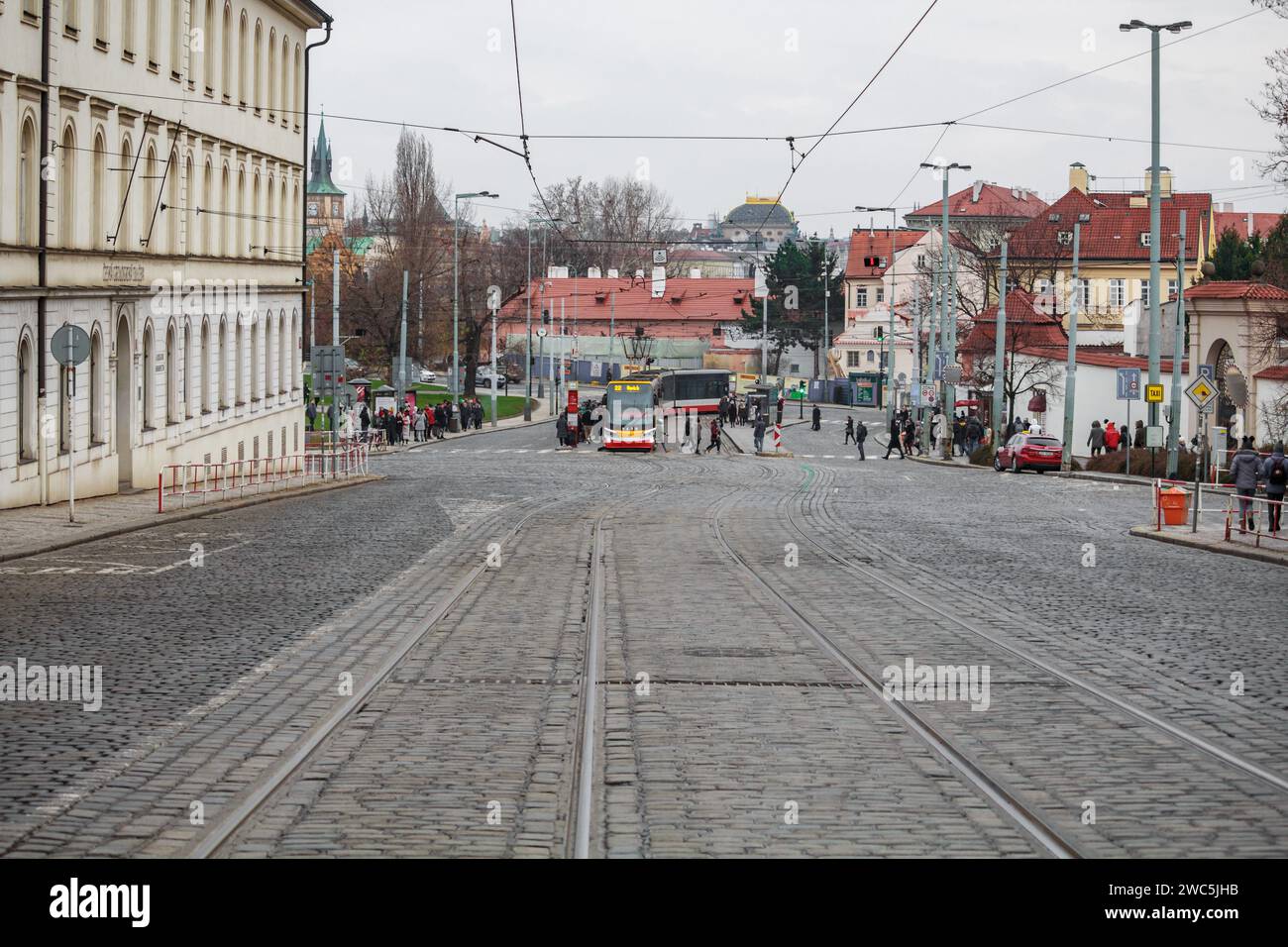 A railroad locomotive on the street of the historic old medieval city ...