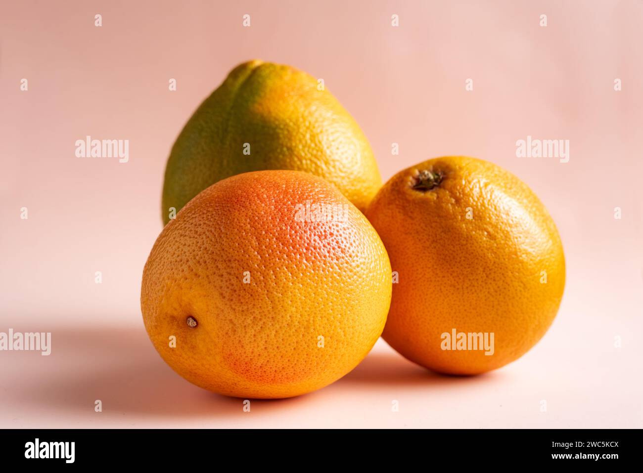 Three grapefruits in various stages of ripeness on a pink background ...
