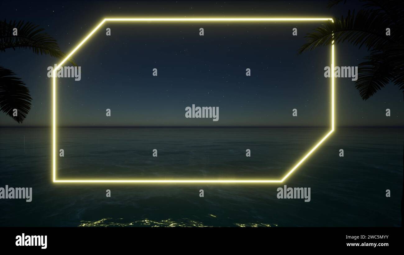 Yellow neon frame at night sea palm tree 3d render Stock Photo - Alamy