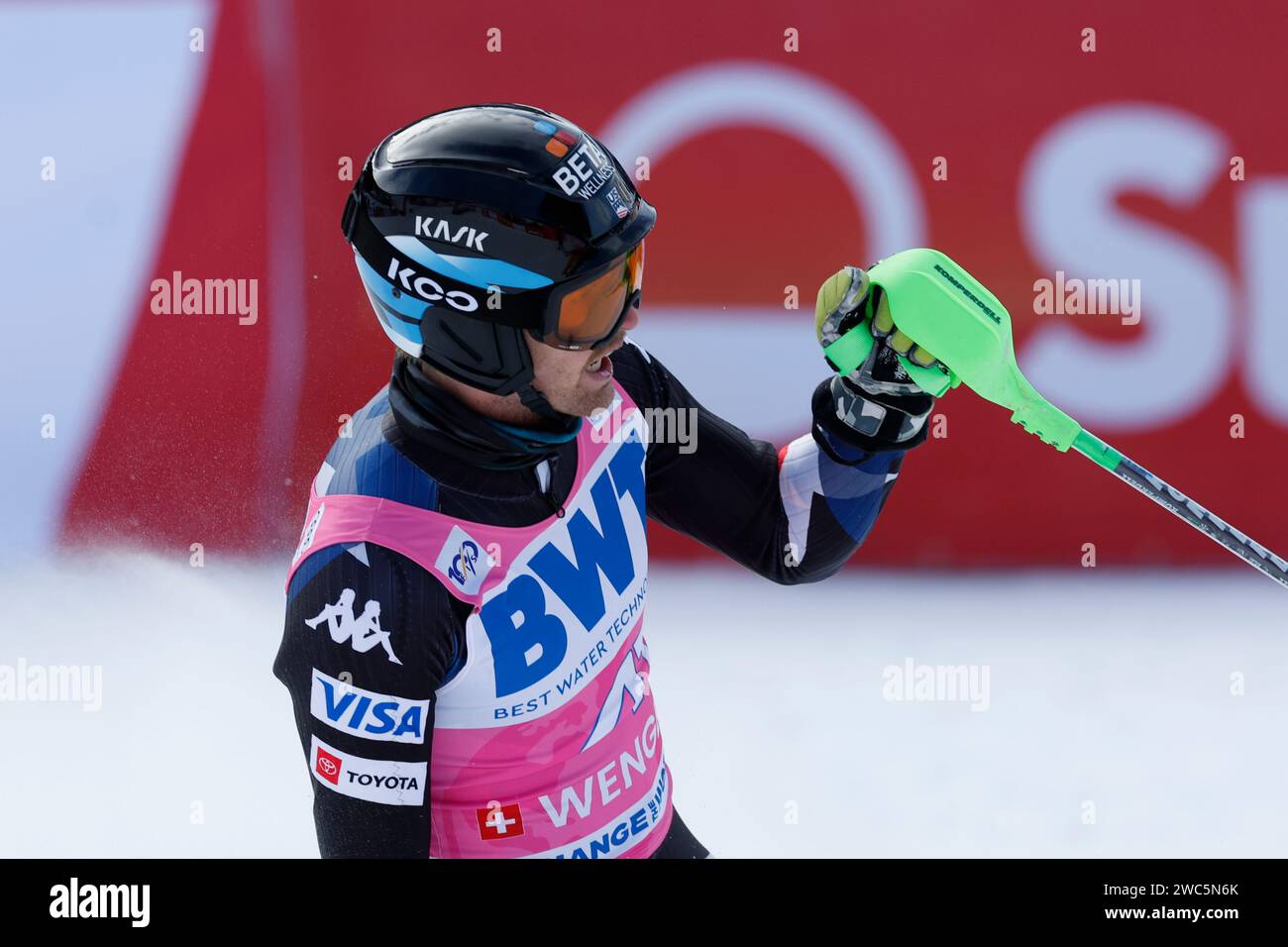 United States' Benjamin Ritchie reacts after completing an alpine ski ...
