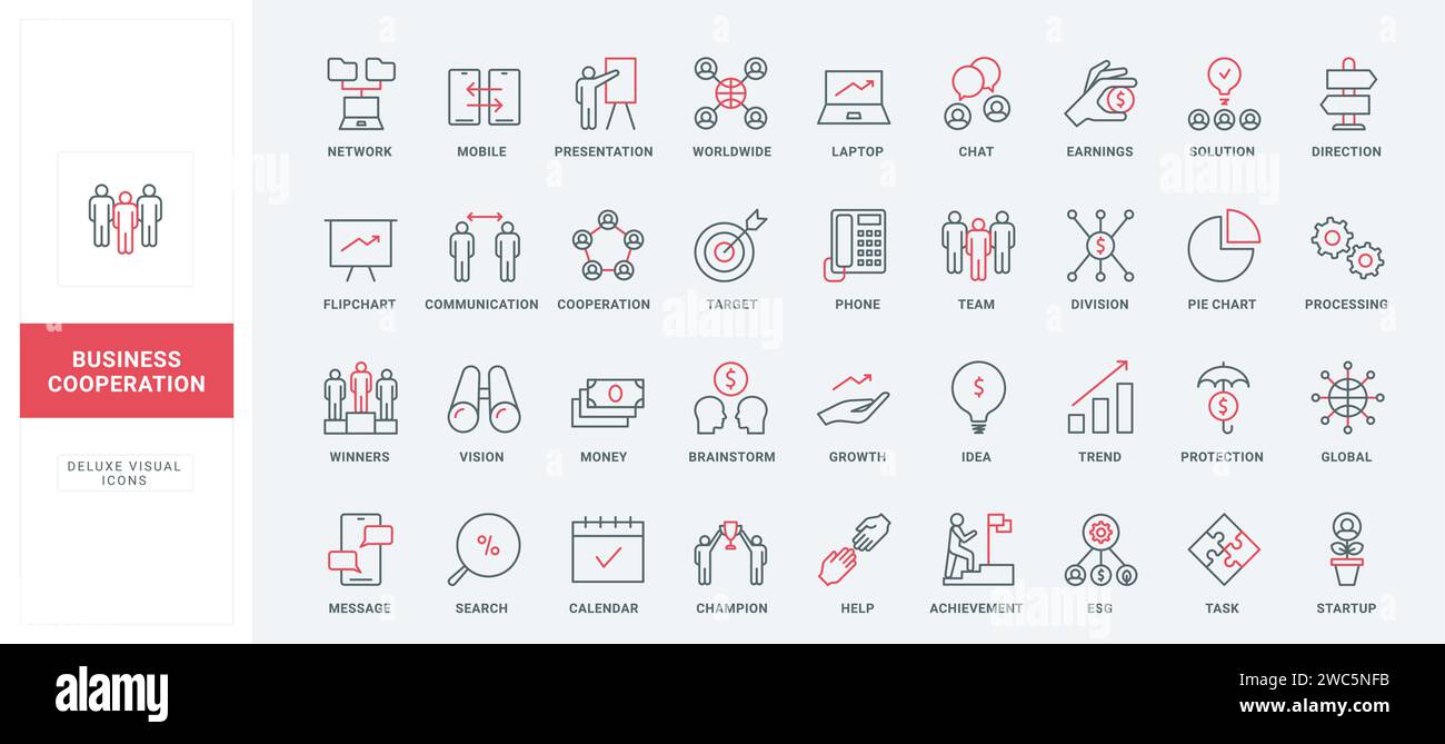 Business cooperation, teamwork and partnership line icons set. Team ...