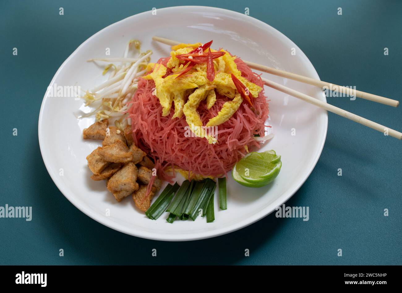 Thai food of Pink Vermicelli with Omelette and Condiment Stock Photo ...