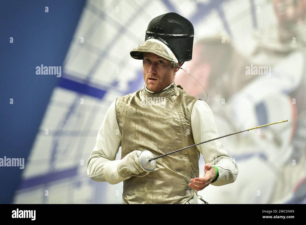 Paris, France. 14th Jan, 2024. France's foilist JULIEN MERTINE looks on ...