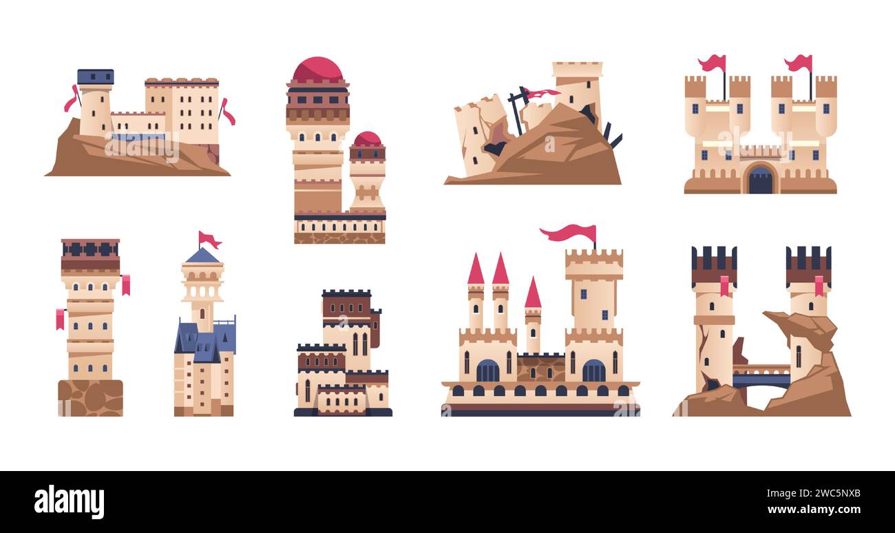 Medieval castle. Cartoon old fort or kings palace. Isolated historic ...