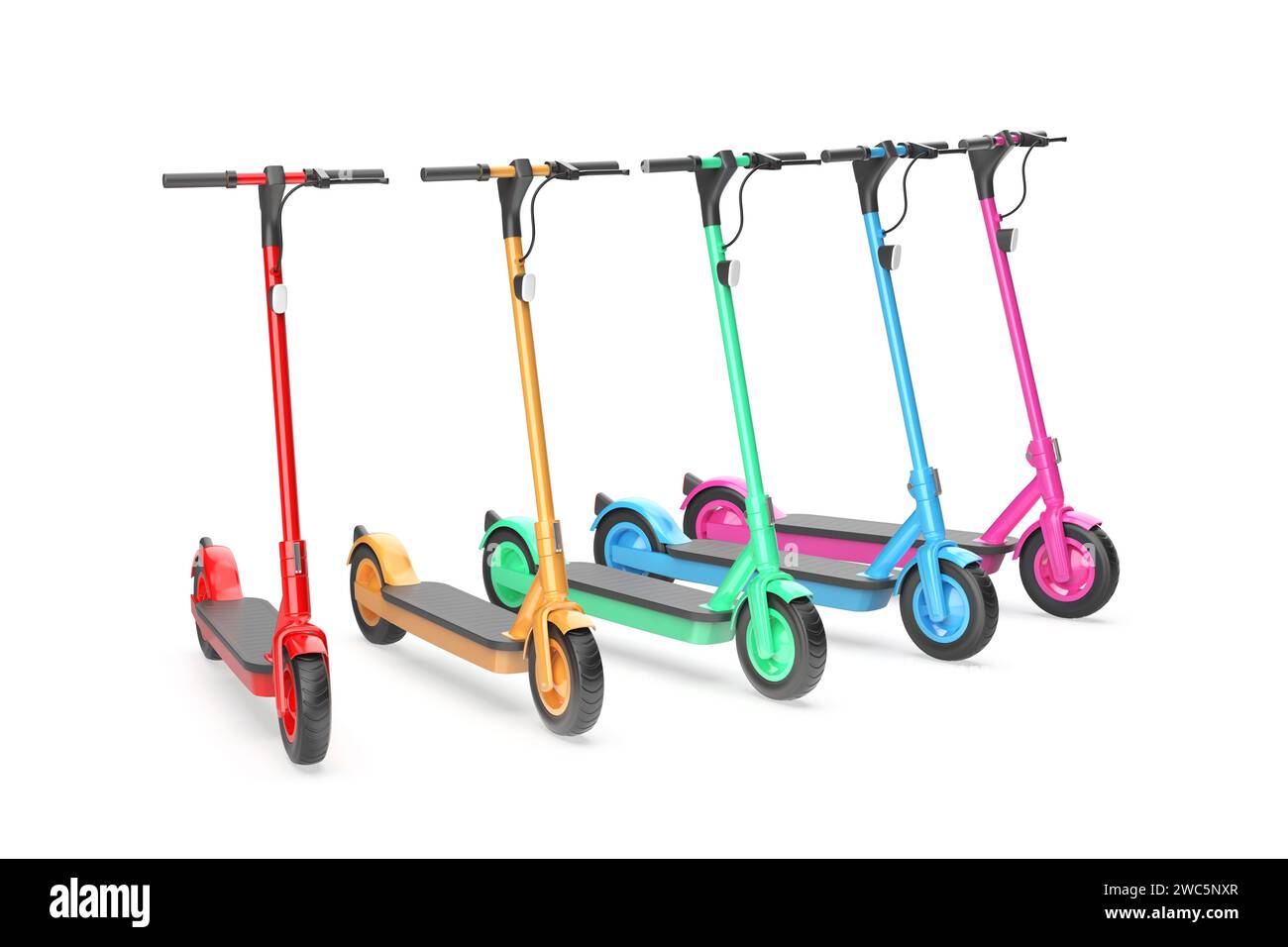 Row with five electric scooters with different colors on white ...