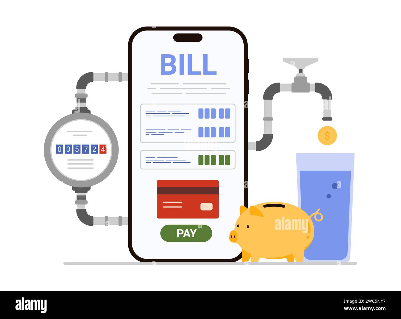 Payment for water supply in mobile app. Pipe connection of consumption ...