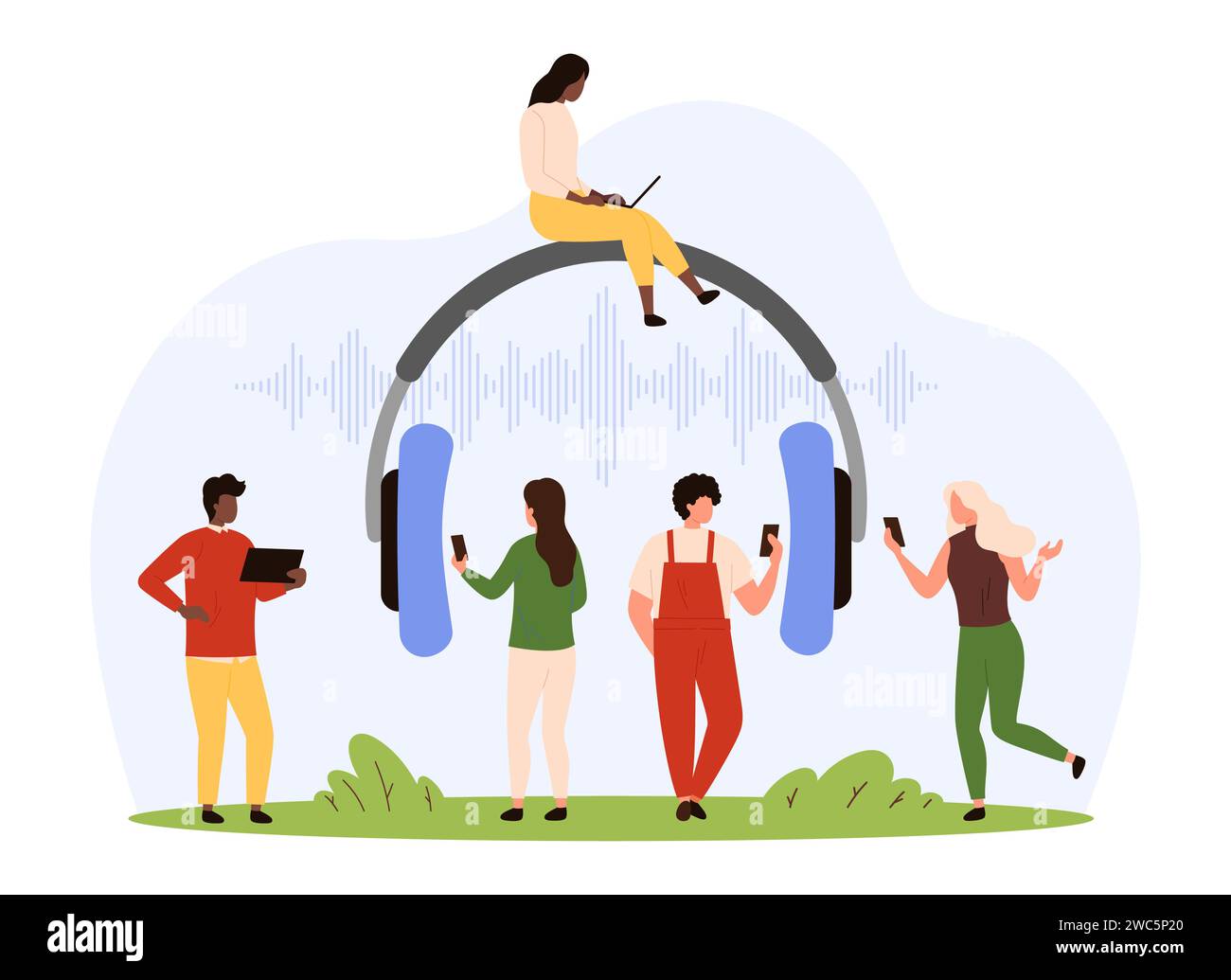 Audio online service app. Tiny people with mobile phones listen radio ...