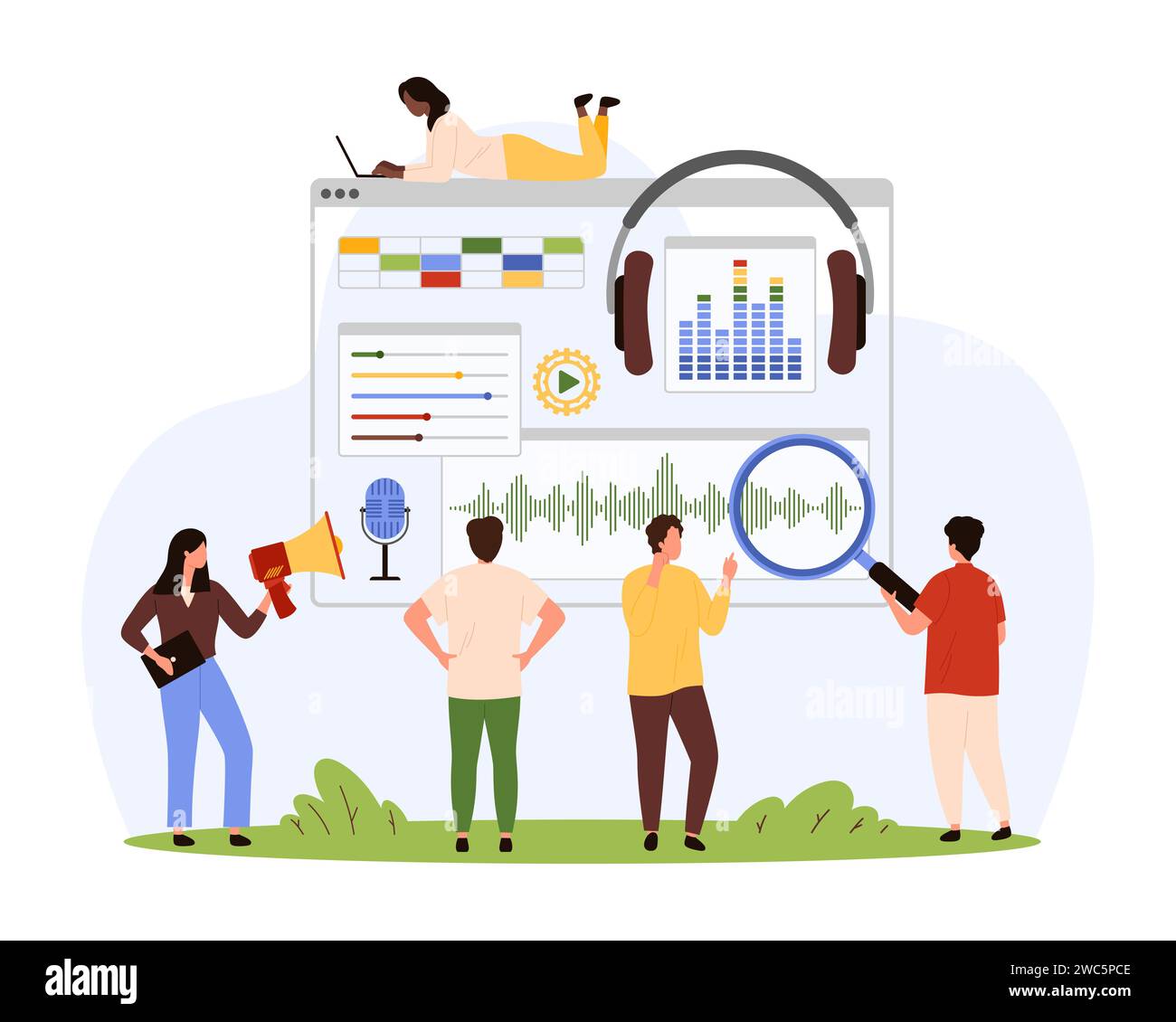 Audio editing software mobile app. Tiny people edit sound of music or ...