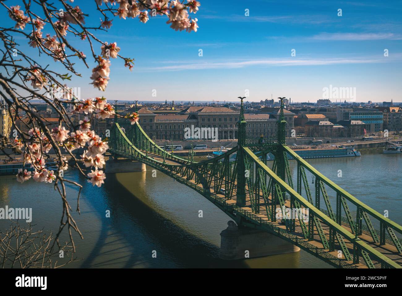 Fantastic panorama with fresh spring blossoming fruit trees and famous ...