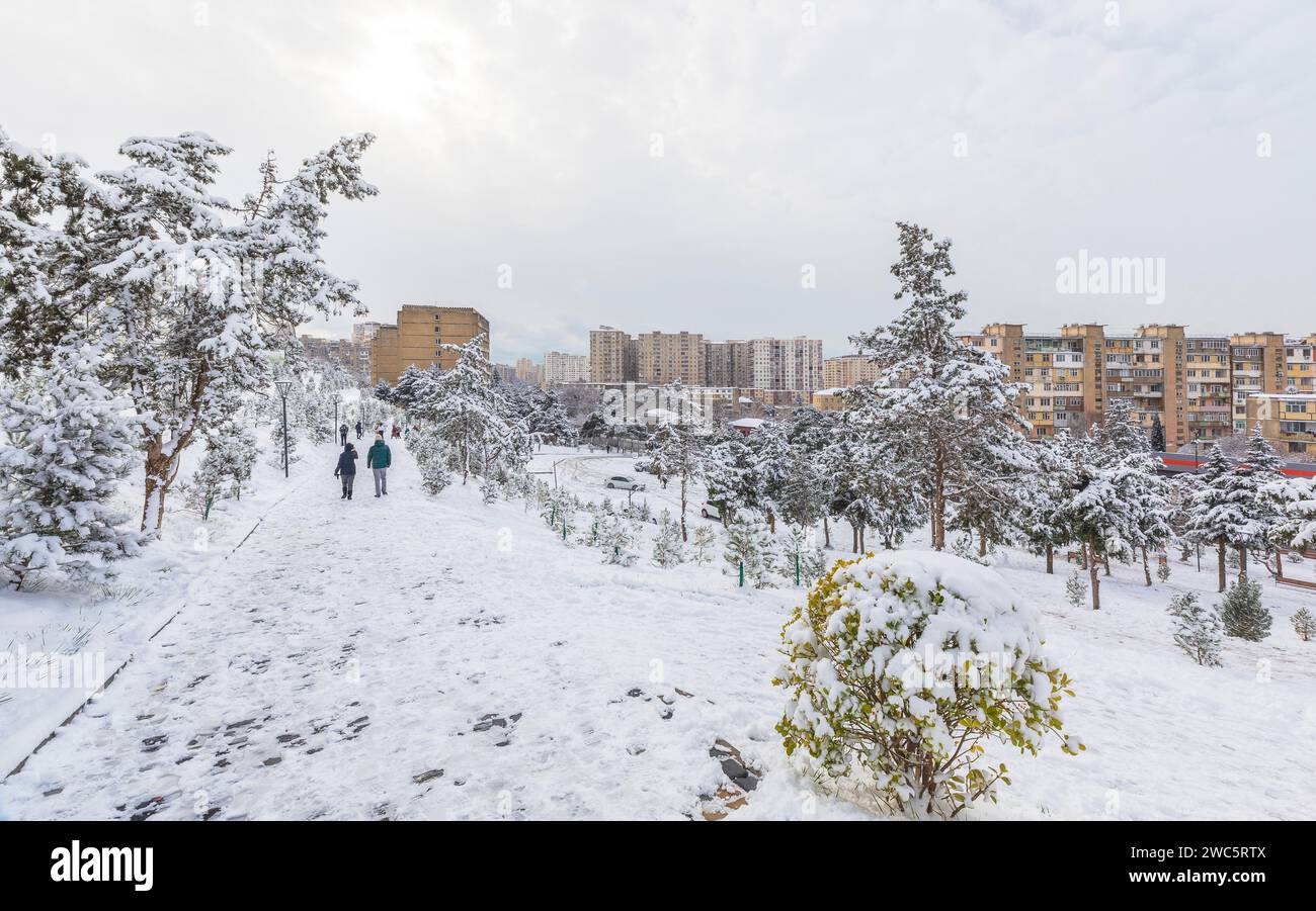 BAKU, AZERBAIJAN - JANUARY 31 2024: A park covered with snow in Baku in ...